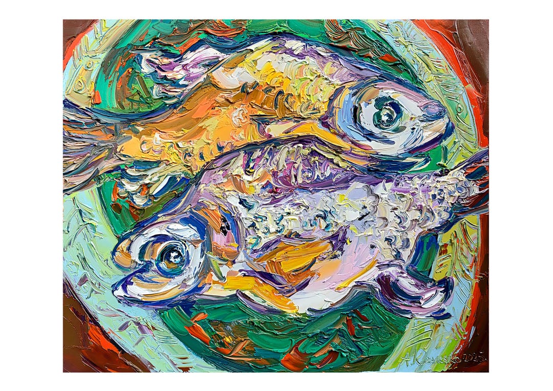 FISH Still Life Oil Painting Large Seafood Wall Art Colorful Impasto ...