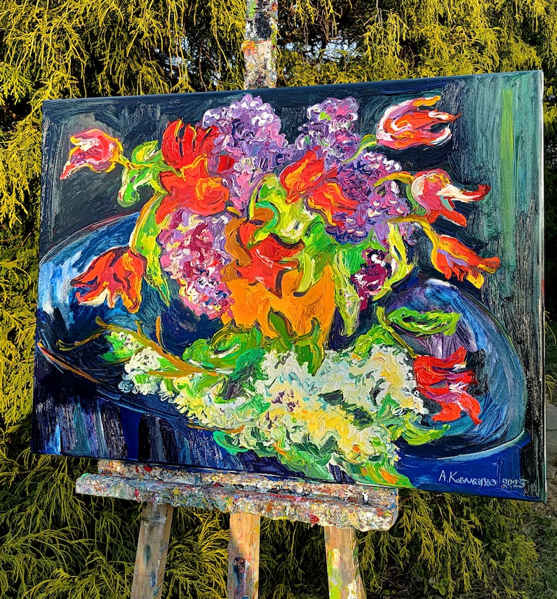 Vibrant Bouquet Original Oil Painting Tulips Lilacs Flower Impasto Horizontal Large Canvas ...