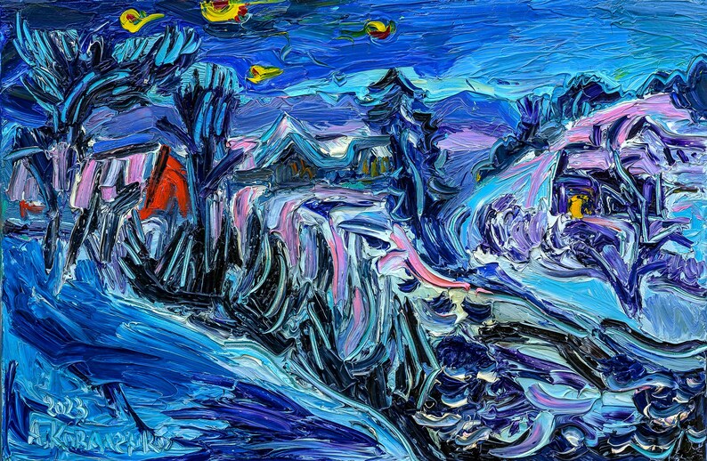 MAXIMALIST Oil Painting WINTER Night Village Landscape Original Large ...