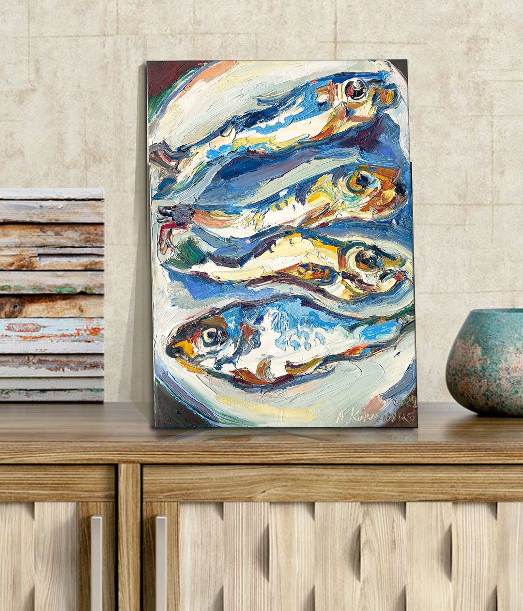 Sardines Small Painting on Canvas Artwork Seafish Seafood Fish on Plate ...