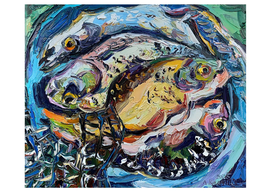 ORIGINAL OIL PAINTING Fish Still Life Impressionism Artwork River Fish ...
