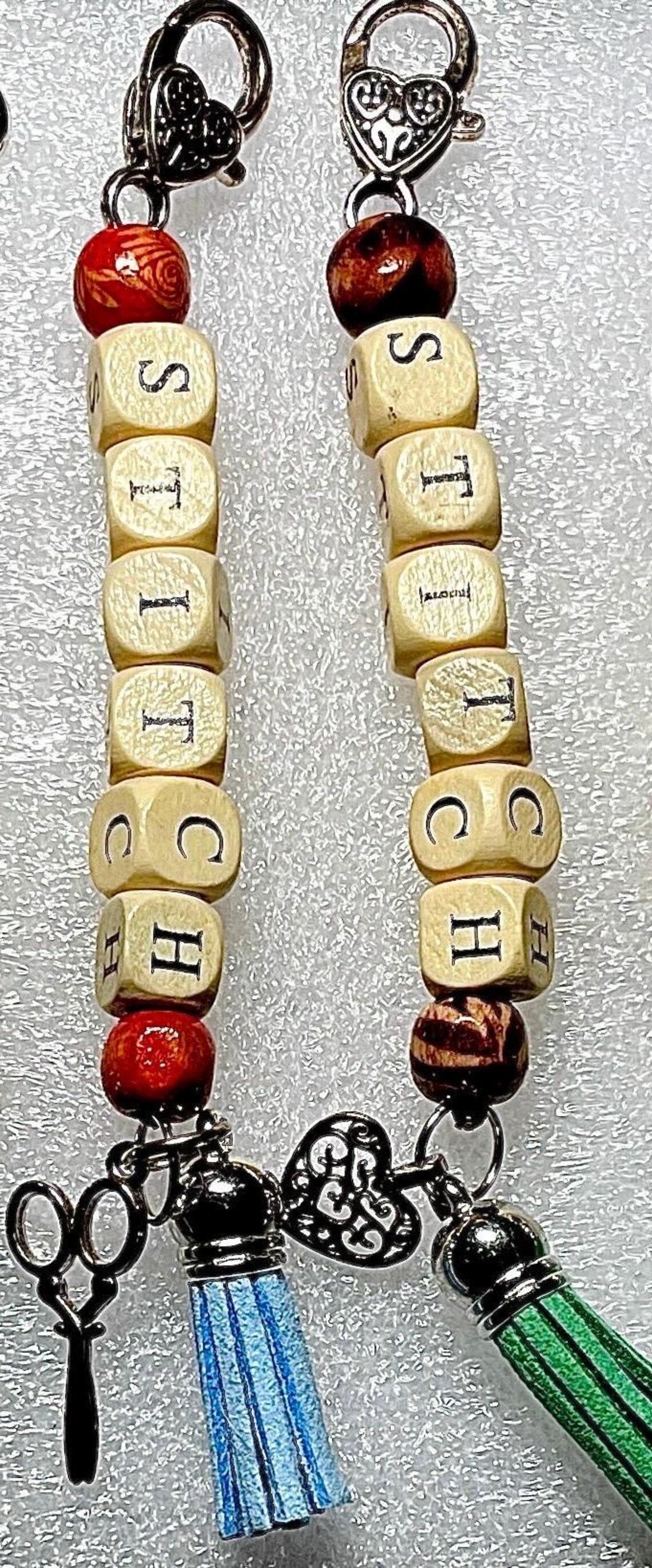 Handcrafted frog, stitch, and ribbit Wood Bead Scissor Fobs Key Fobs ...