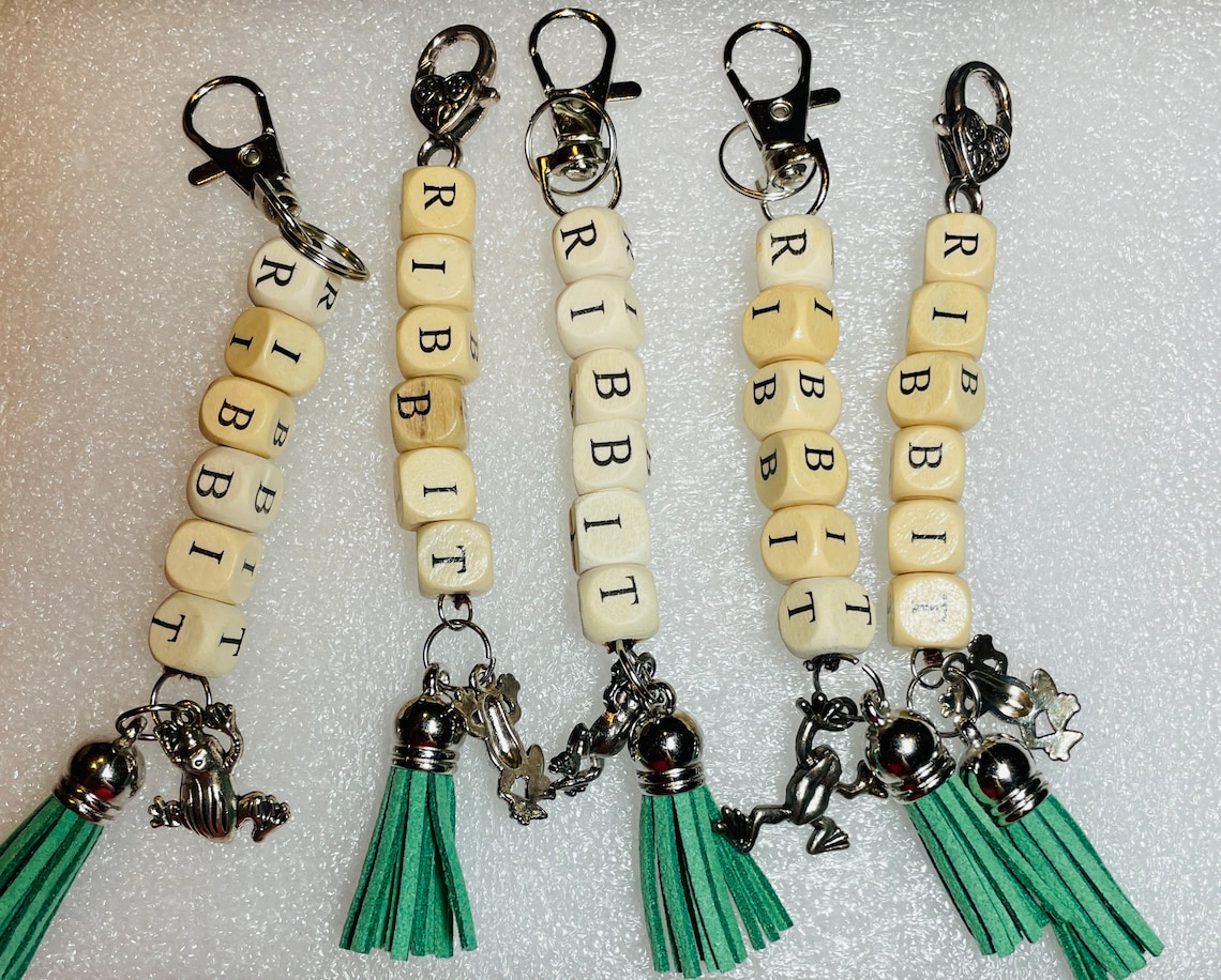 Handcrafted frog, stitch, and ribbit Wood Bead Scissor Fobs Key Fobs ...