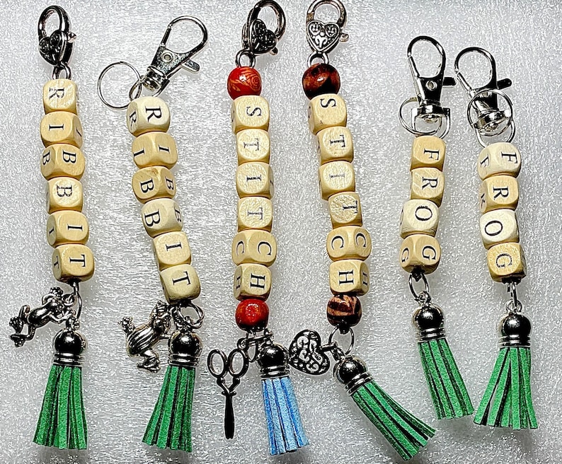 Handcrafted frog, stitch, and ribbit Wood Bead Scissor Fobs Key Fobs ...