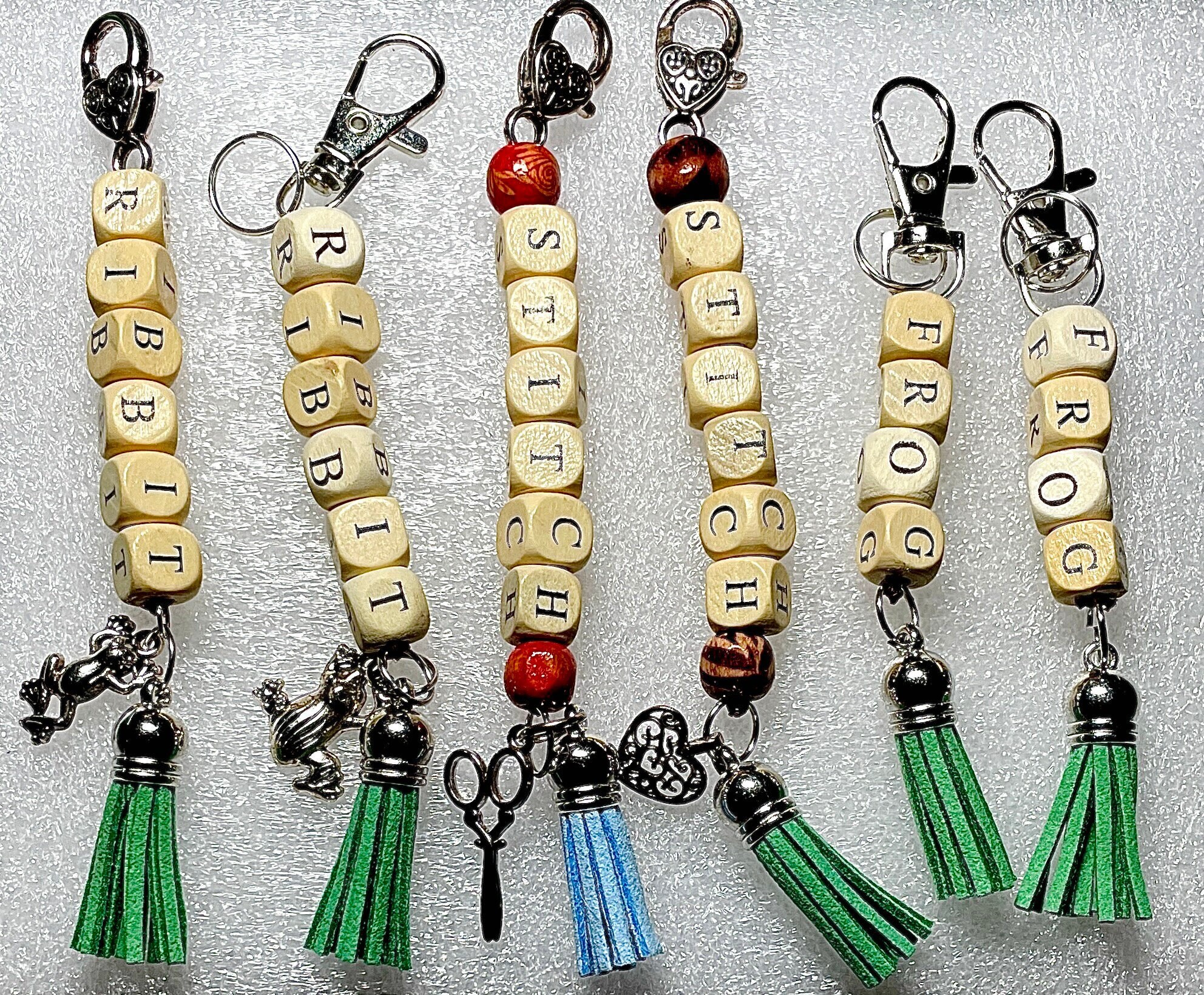 Handcrafted frog, stitch, and ribbit Wood Bead Scissor Fobs Key Fobs ...