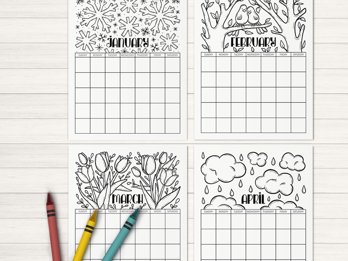 Printable Coloring Calendar for Kids, Undated Planner PDF, Coloring ...