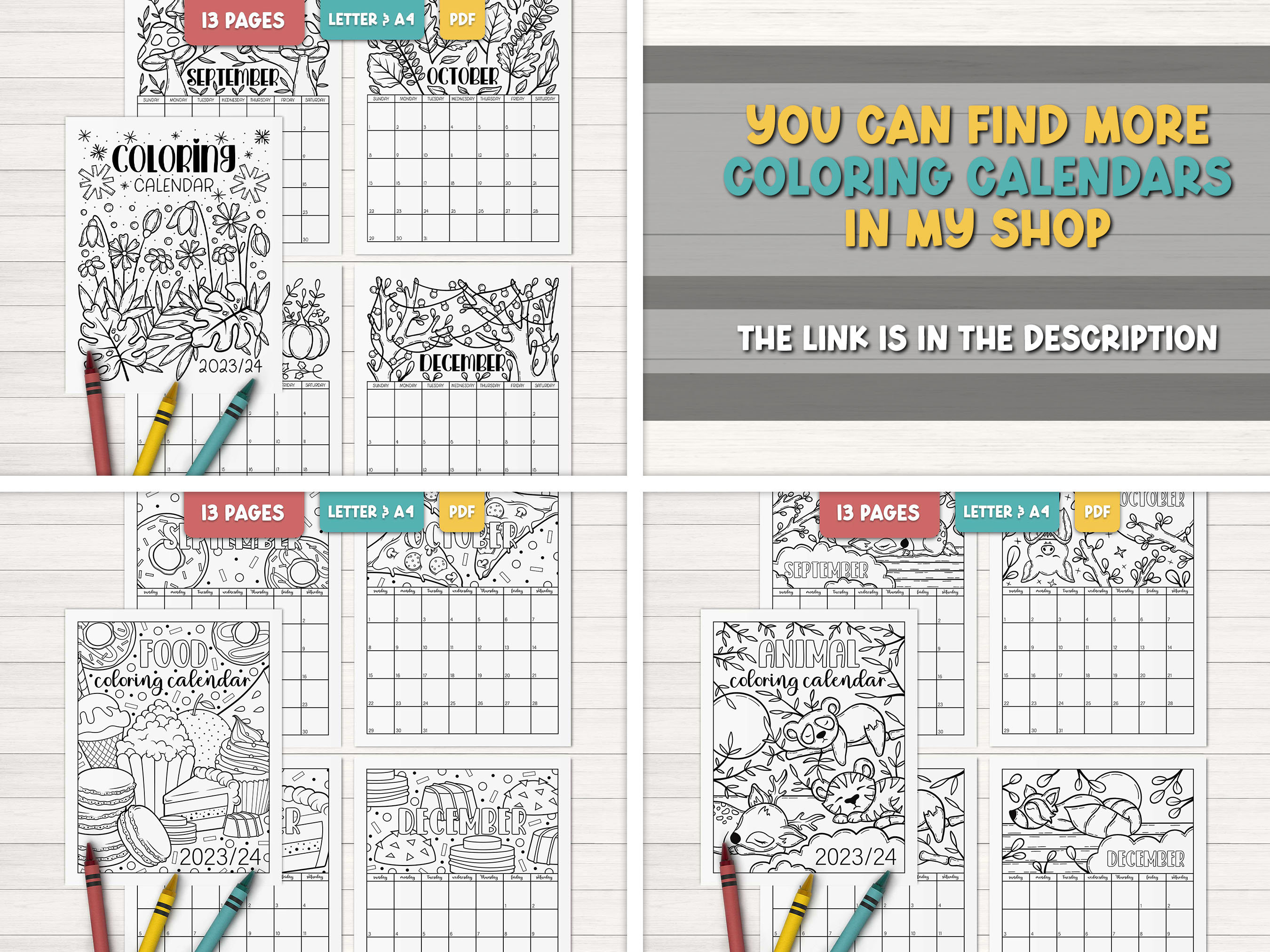Coloring Calendar for Kids, Undated Monthly Planner Printable, Holiday ...