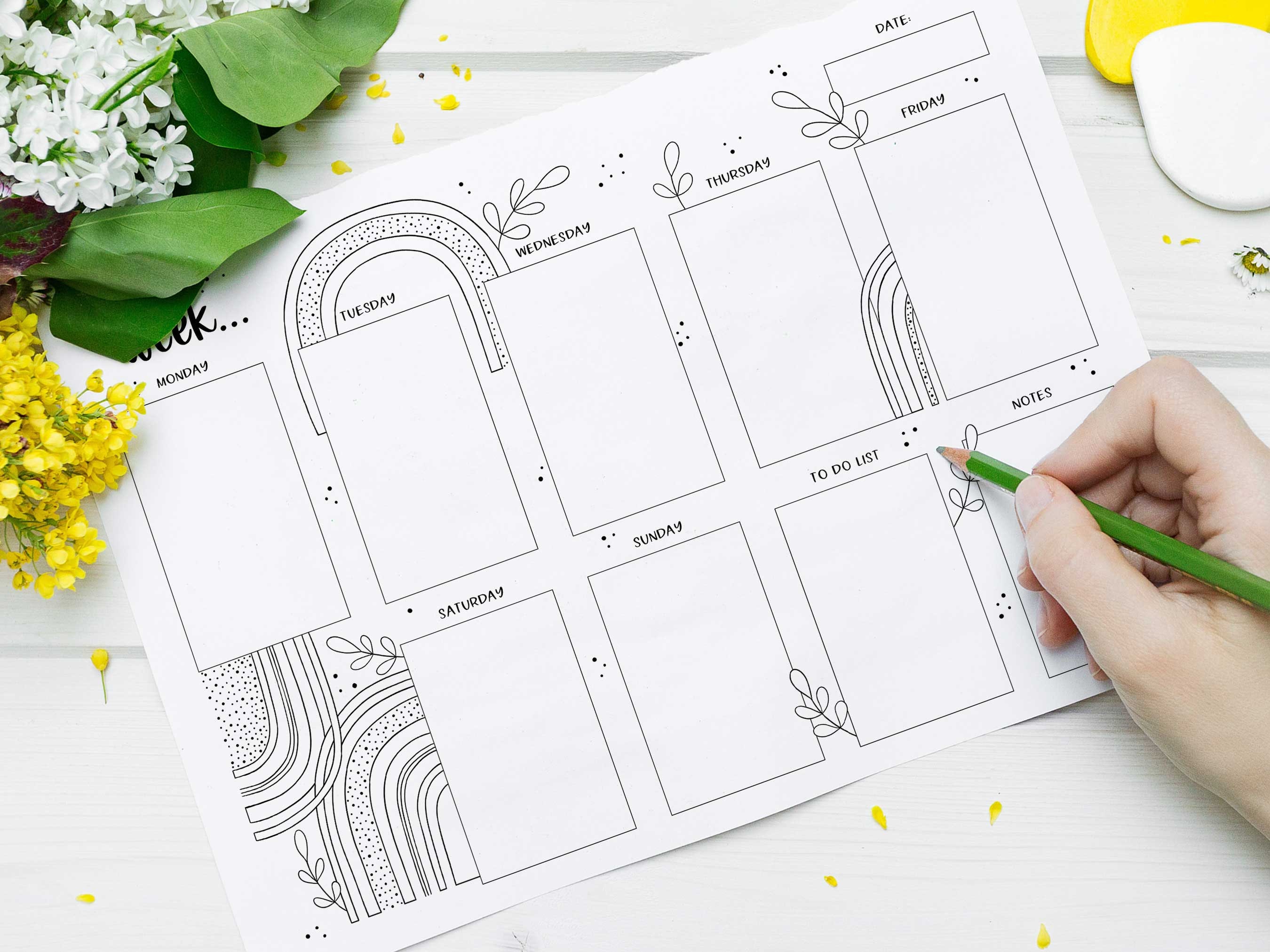 Printable Weekly Planner Landscape, Boho Coloring Planner, Weekly ...