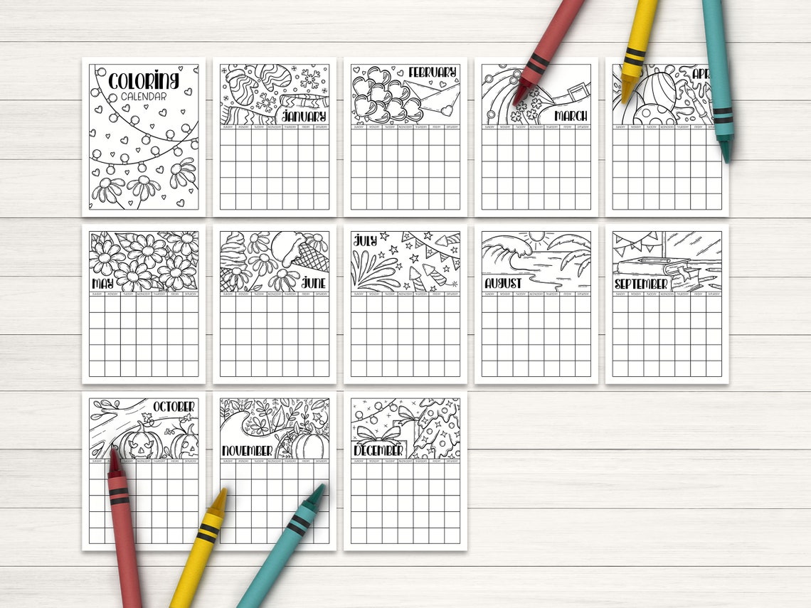 Coloring Calendar for Kids, Undated Monthly Planner Printable, Holiday ...