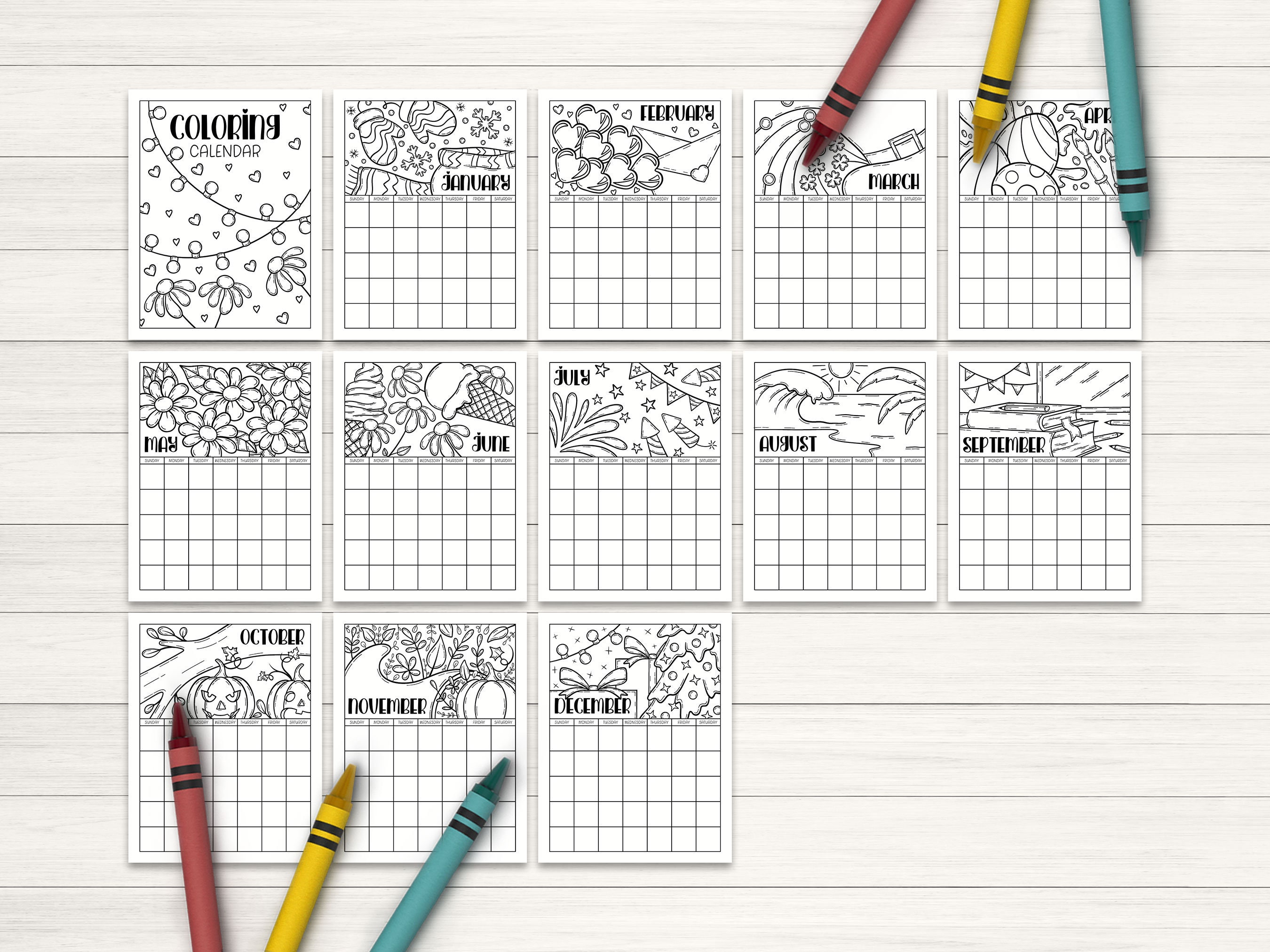 Coloring Calendar for Kids, Undated Monthly Planner Printable, Holiday ...