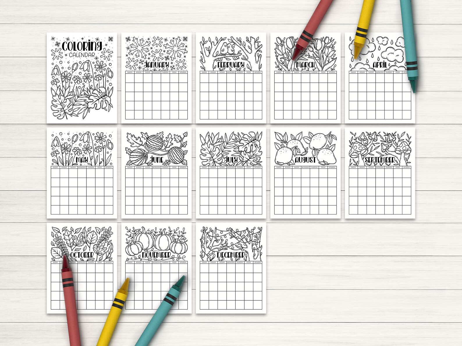 Printable Coloring Calendar for Kids, Undated Planner PDF, Coloring ...