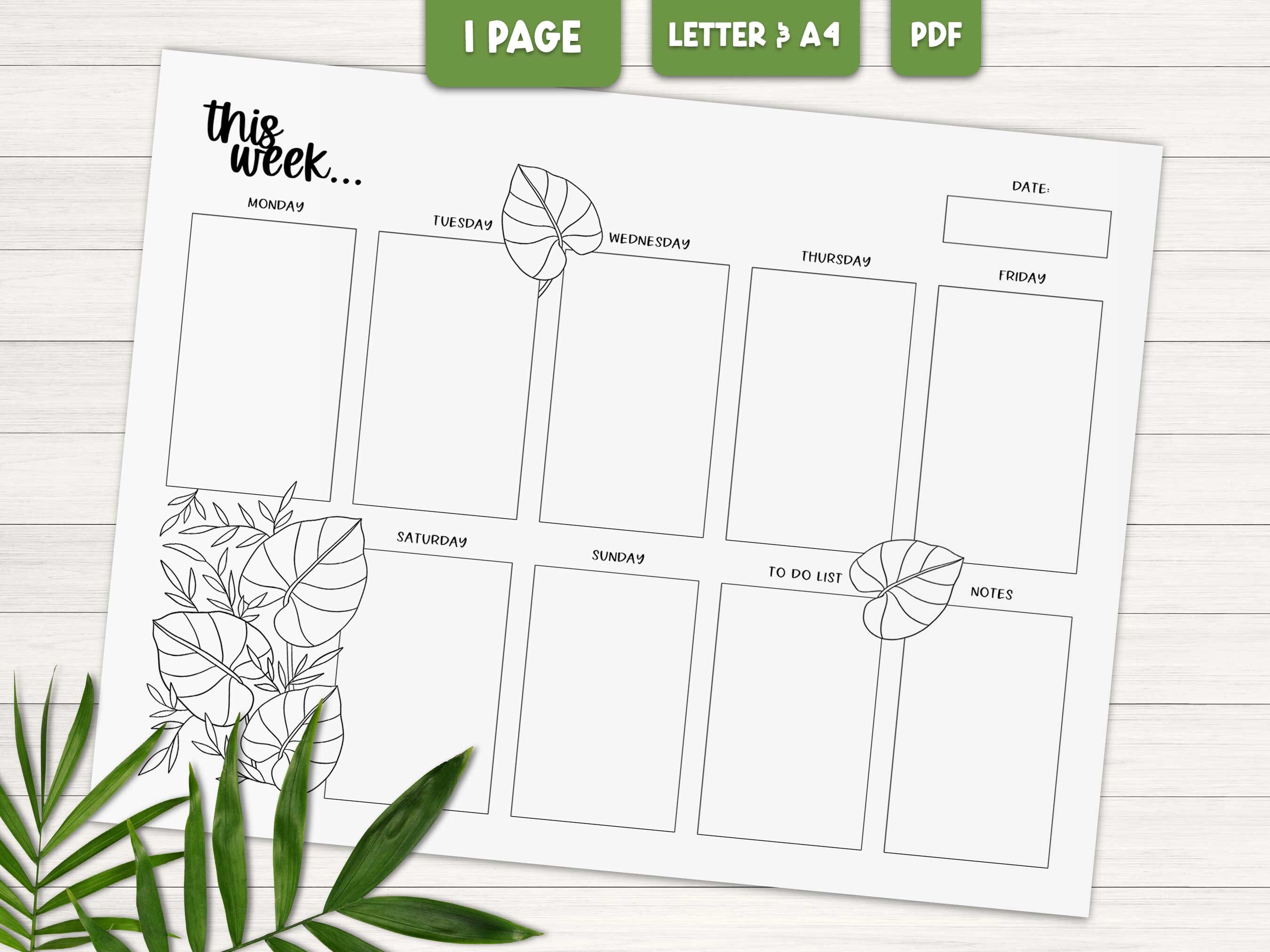 Coloring Weekly Planner, Printable Weekly Planner Minimalist, Botanical ...