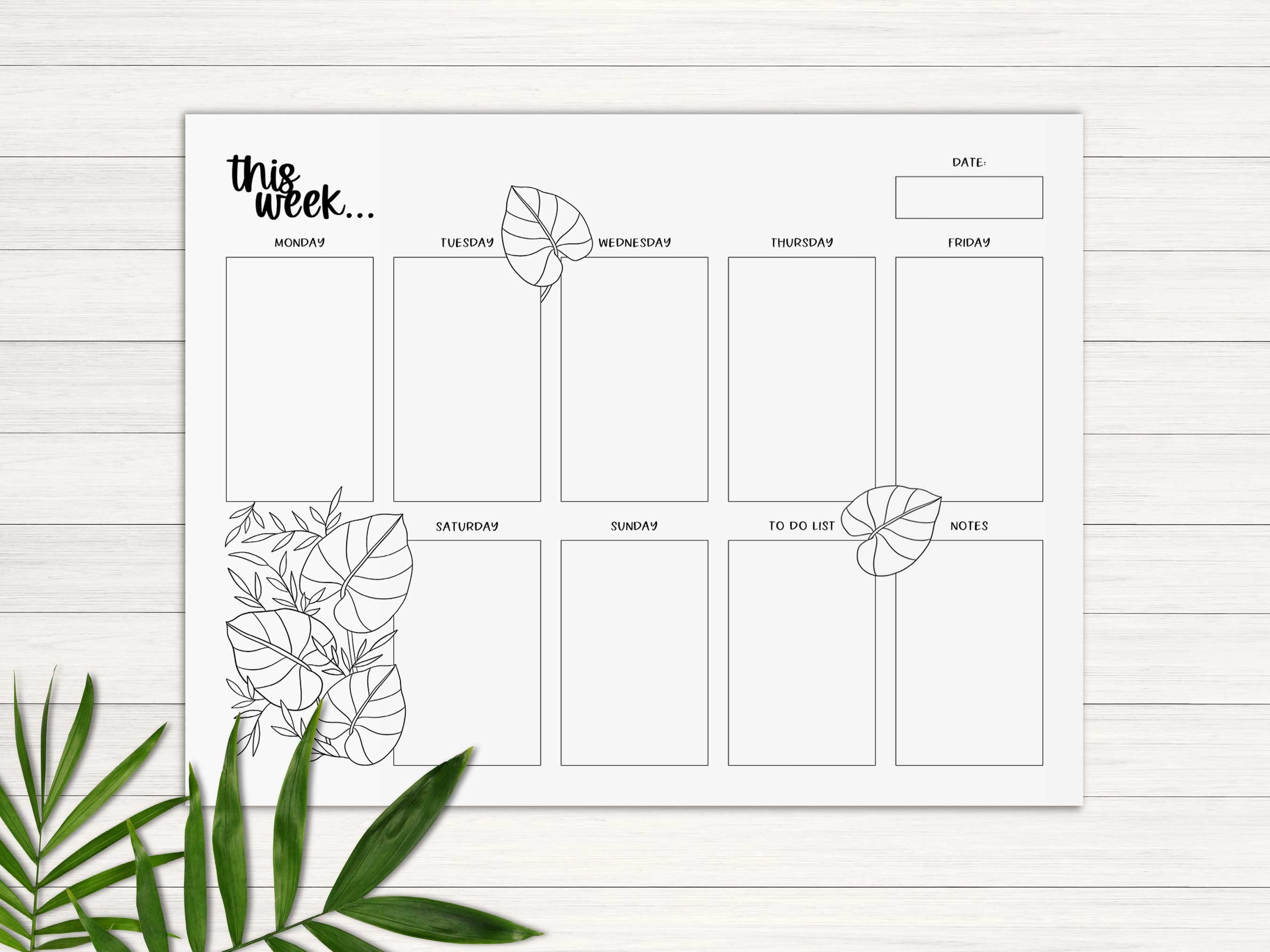 Coloring Weekly Planner, Printable Weekly Planner Minimalist, Botanical ...