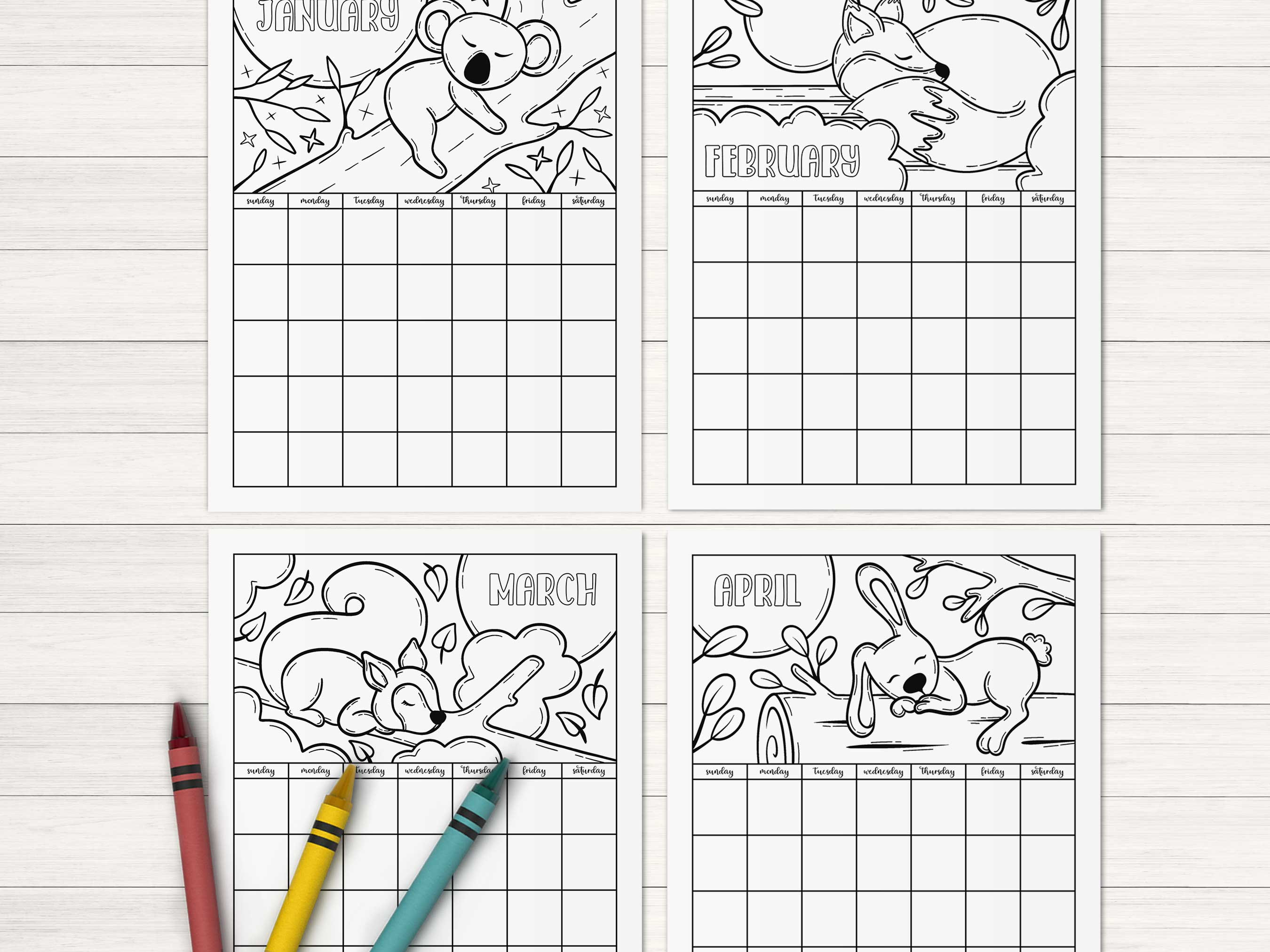 Coloring Calendar for Kids, Undated Calendar Printable, Animal Coloring ...