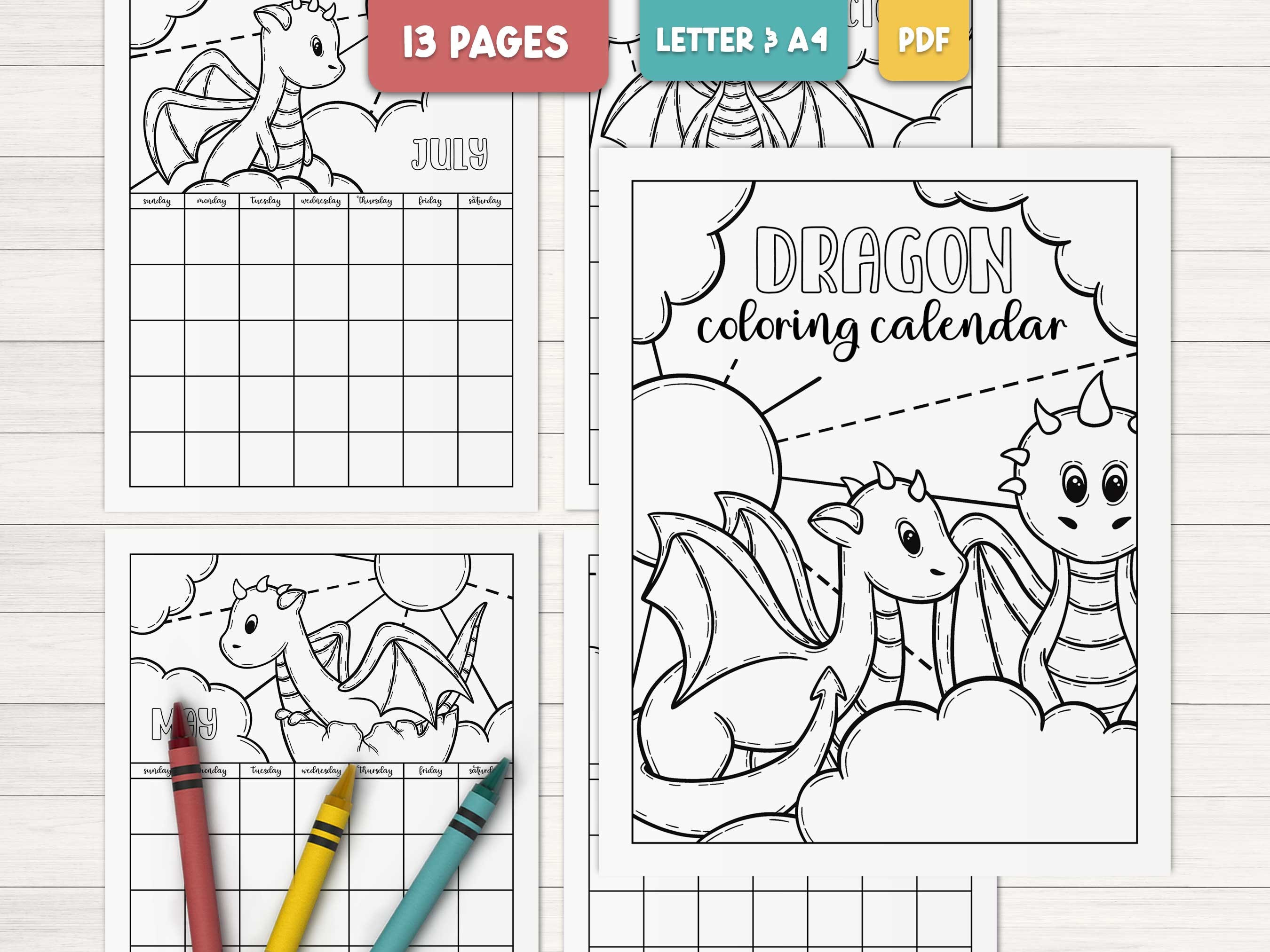 Dragon Coloring Calendar: Undated Monthly Planner (PDF Printable) - Etsy