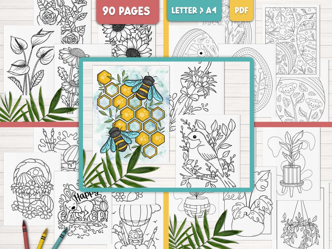 Spring Coloring Pages Digital Download, Adult Coloring Pages Bundle ...