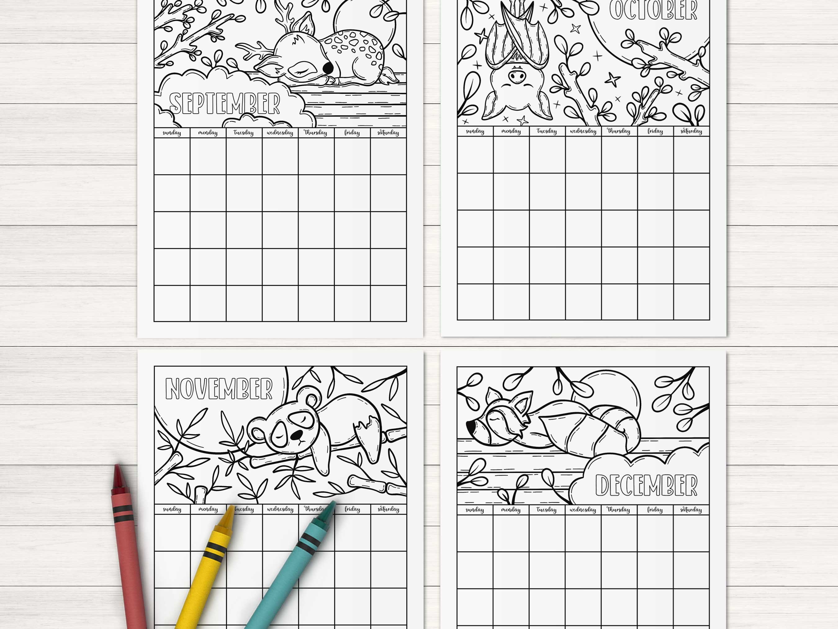Coloring Calendar for Kids, Undated Calendar Printable, Animal Coloring ...