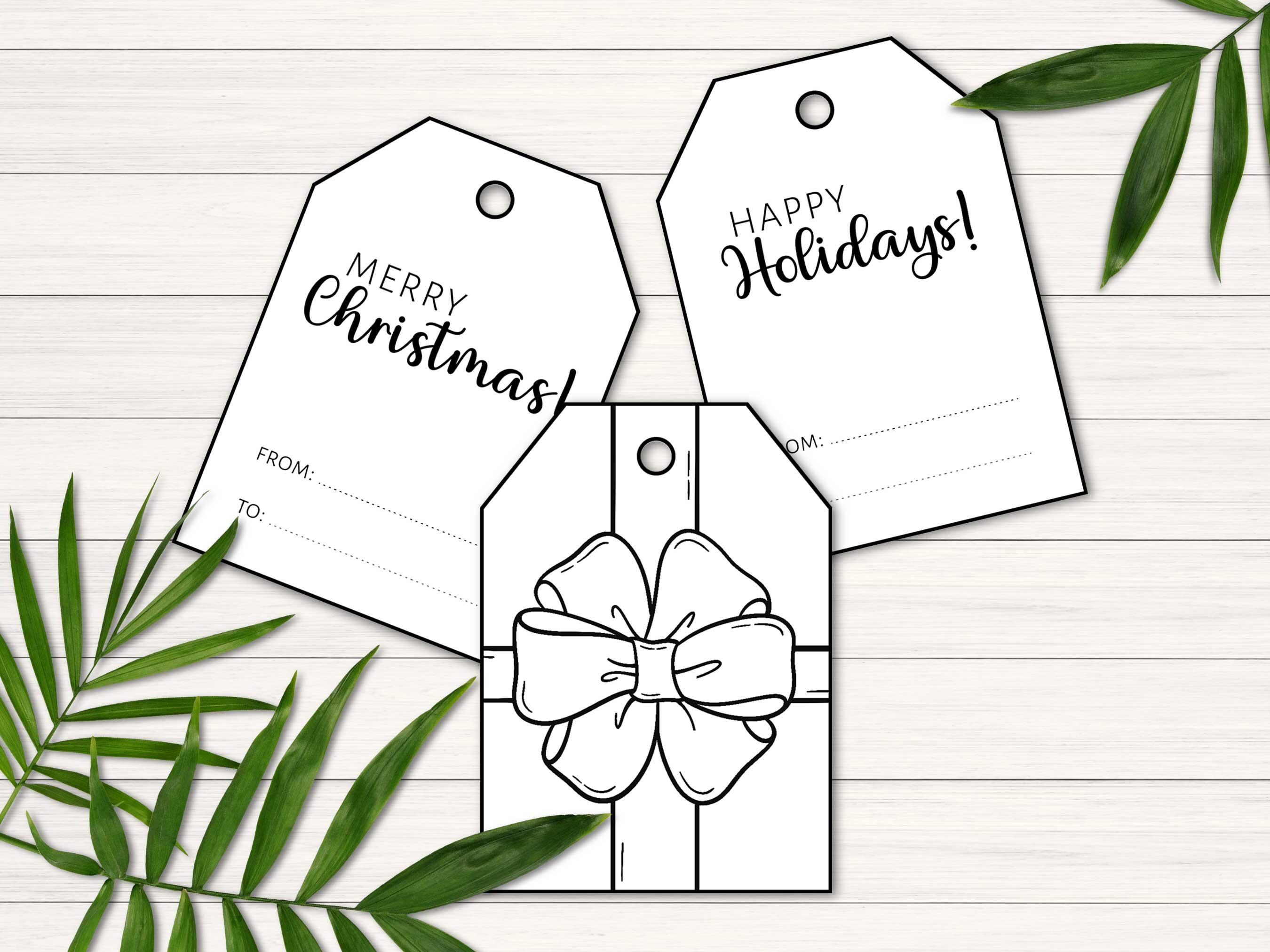 Printable Holiday Gift Tags, Coloring Christmas Gift Tags, Bow Tag ...
