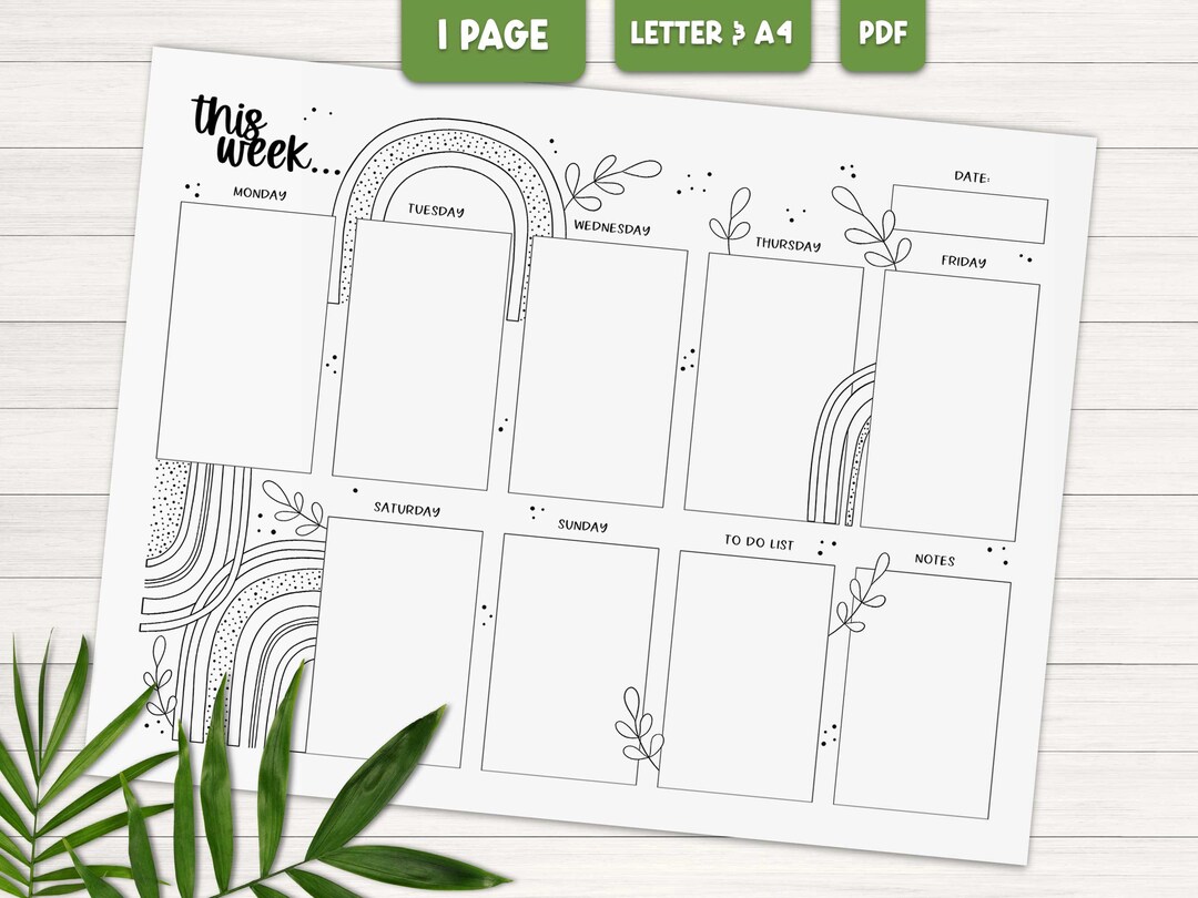 Printable Weekly Planner Landscape, Boho Coloring Planner, Weekly ...