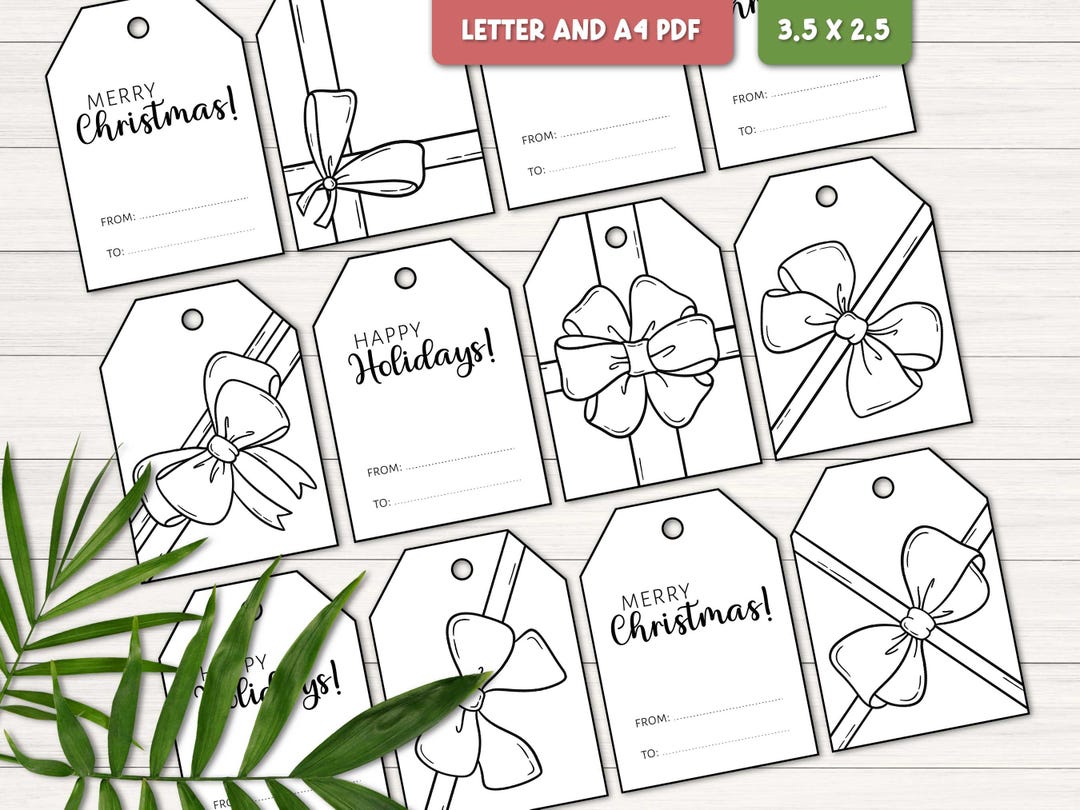 Printable Holiday Gift Tags, Coloring Christmas Gift Tags, Bow Tag ...