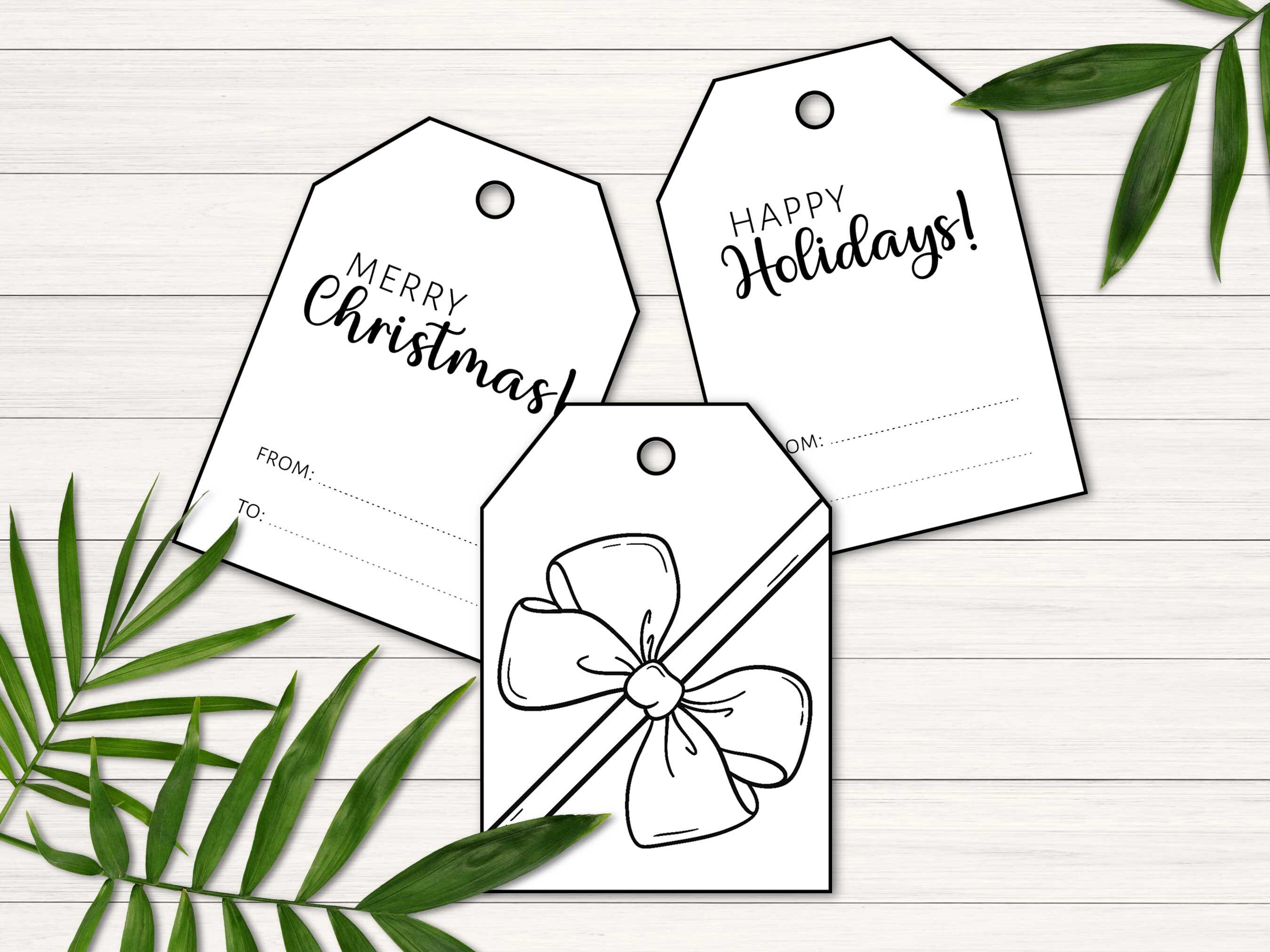 Printable Holiday Gift Tags, Coloring Christmas Gift Tags, Bow Tag ...