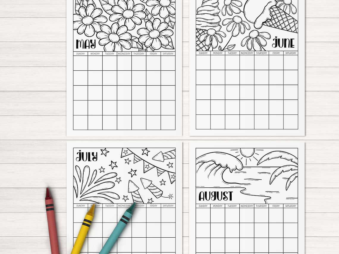 Coloring Calendar for Kids, Undated Monthly Planner Printable, Holiday ...