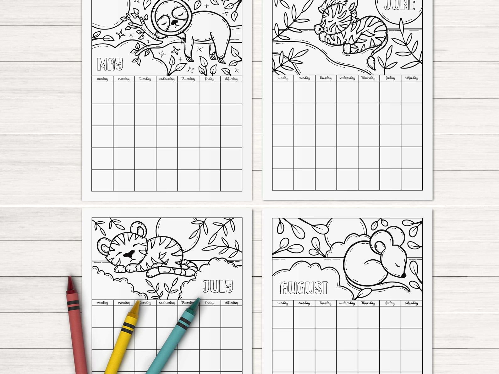 Coloring Calendar for Kids, Undated Calendar Printable, Animal Coloring ...
