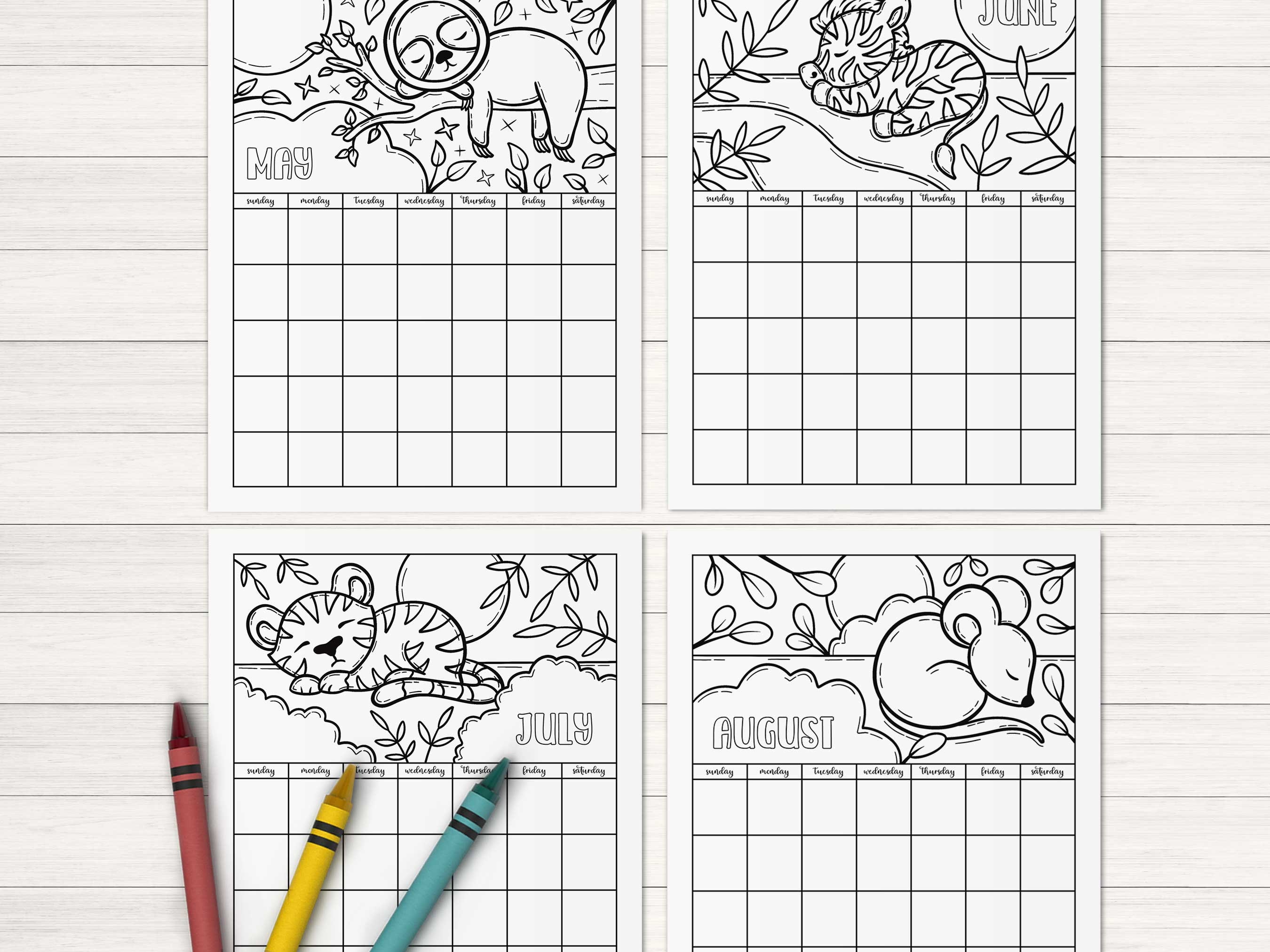 Coloring Calendar for Kids, Undated Calendar Printable, Animal Coloring ...