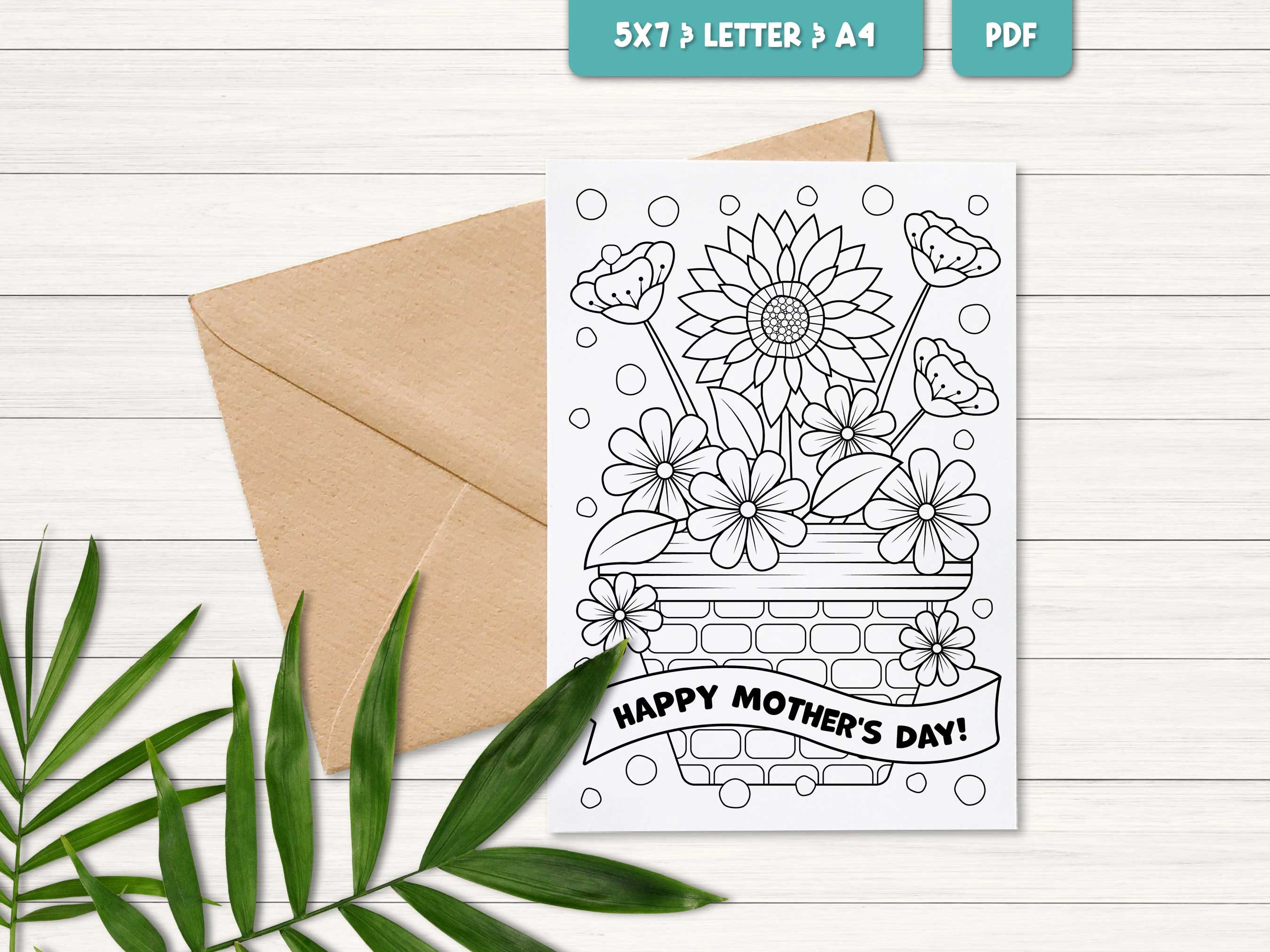 Printable Mother's Day Card, Coloring Card for Kids, Flower Card ...