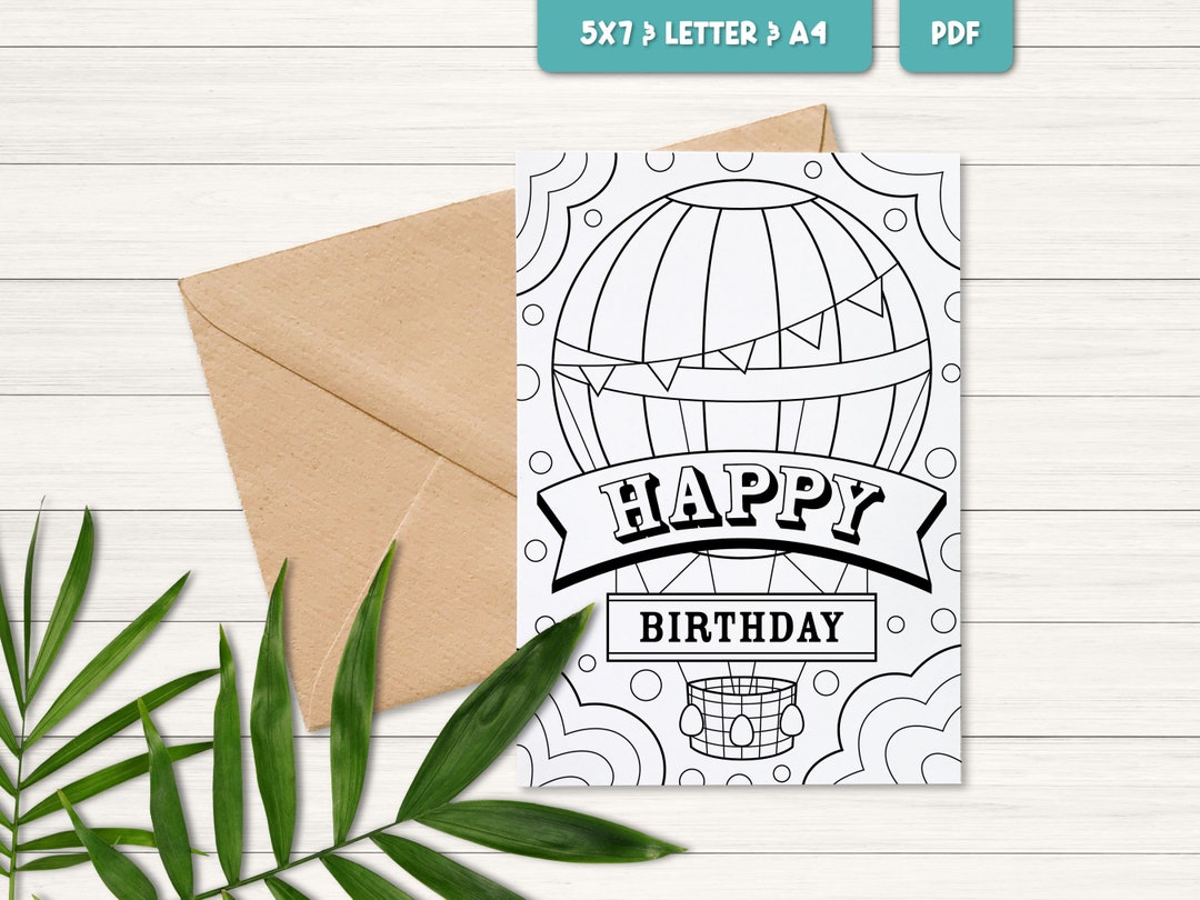 Printable Birthday Coloring Card for Kids, Balloon Card, Printable ...