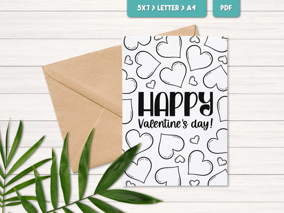 Happy Valentines Day Printable Card, Heart Coloring Page, Valentines ...
