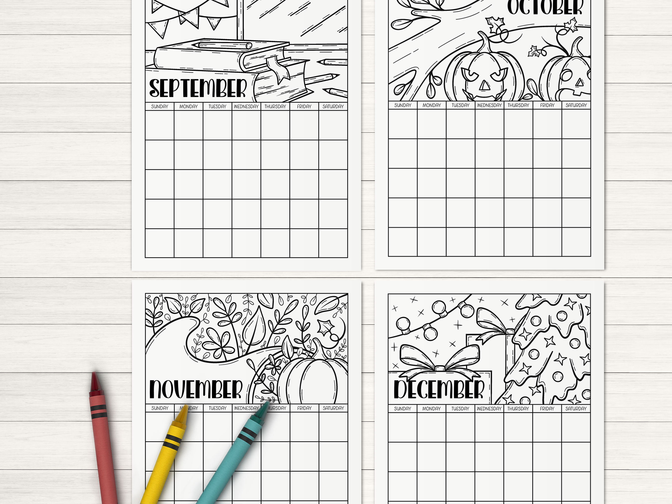Coloring Calendar for Kids, Undated Monthly Planner Printable, Holiday ...