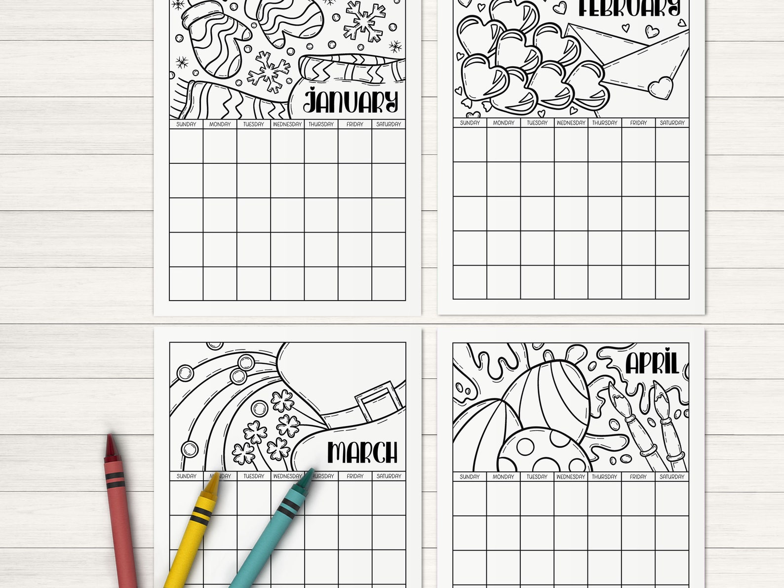 Coloring Calendar for Kids, Undated Monthly Planner Printable, Holiday ...