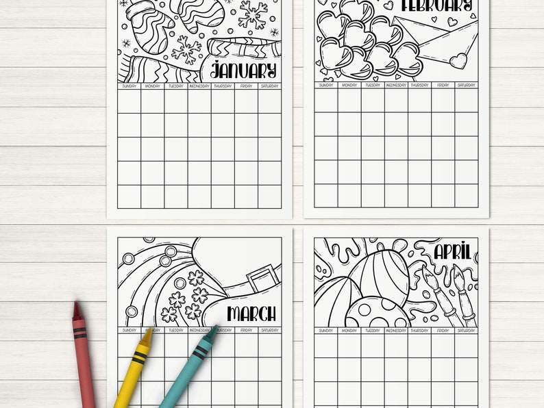 Coloring Calendar for Kids, Undated Monthly Planner Printable, Holiday ...