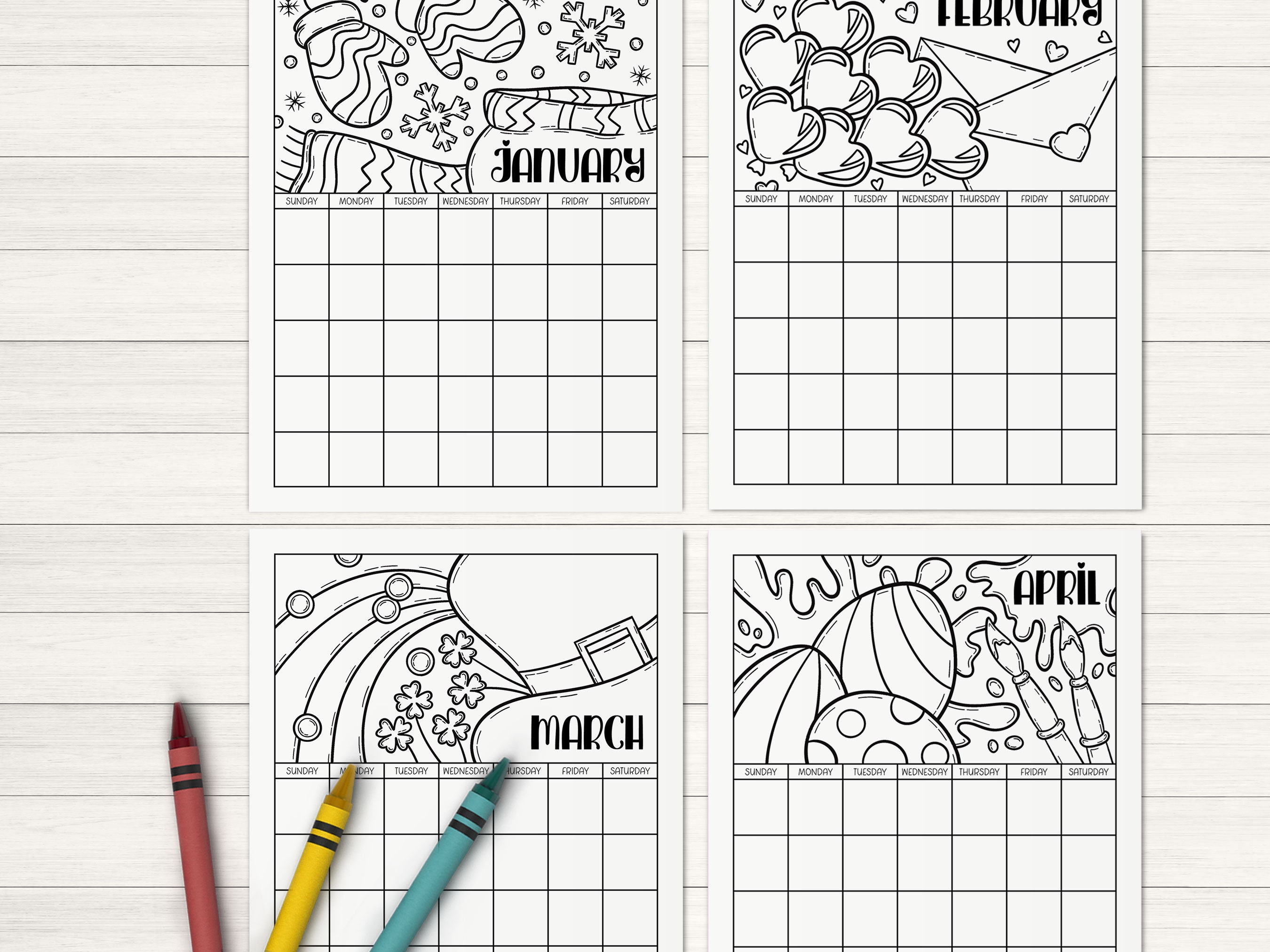 Coloring Calendar for Kids, Undated Monthly Planner Printable, Holiday ...