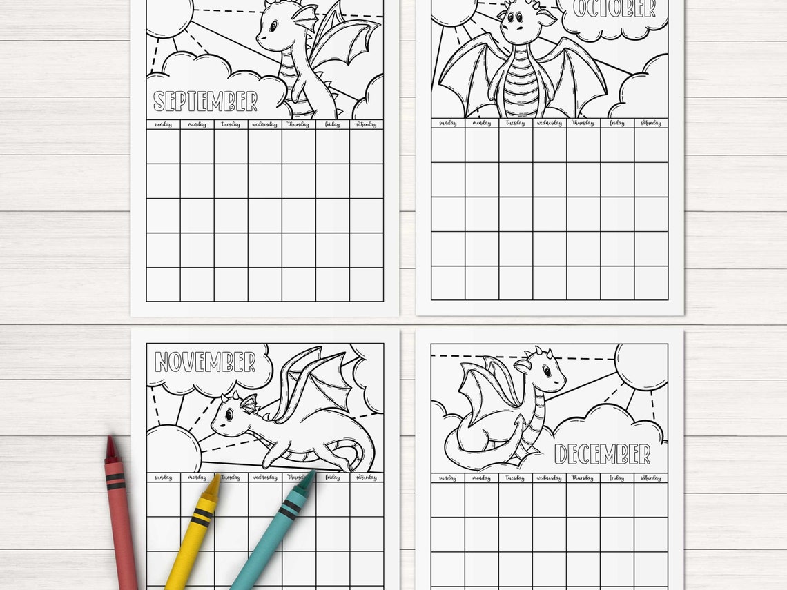 Dragon Coloring Calendar: Undated Monthly Planner (PDF Printable) - Etsy