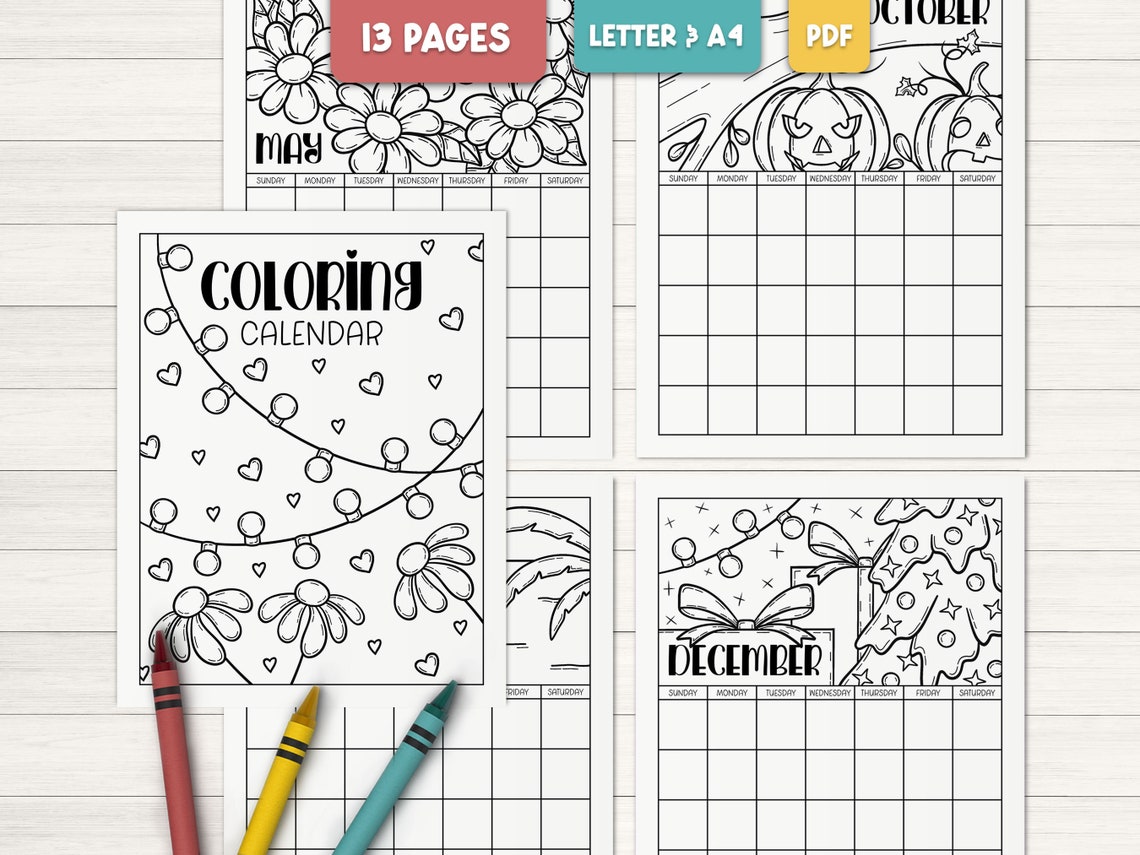 Coloring Calendar for Kids, Undated Monthly Planner Printable, Holiday ...
