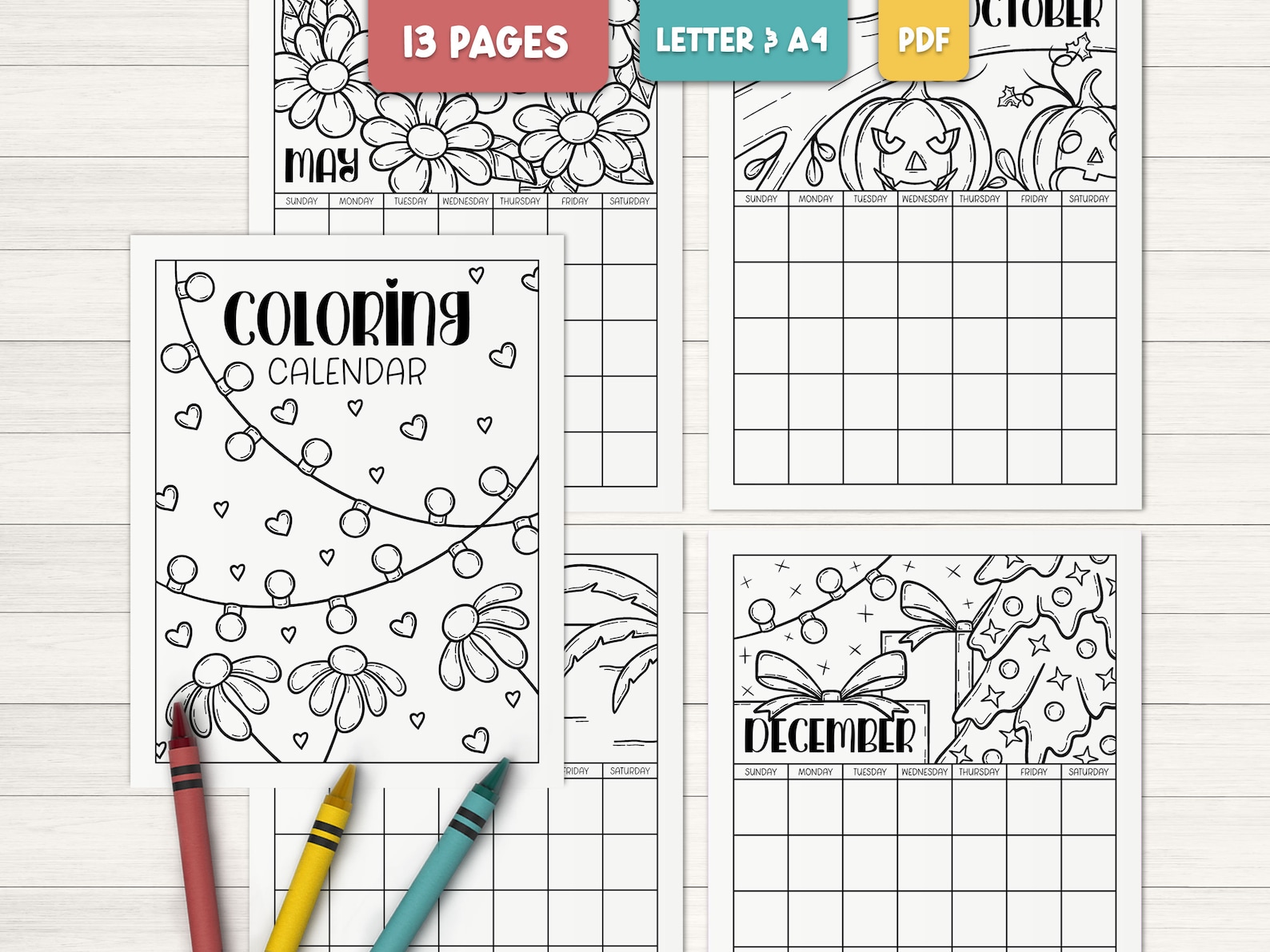 Coloring Calendar for Kids, Undated Monthly Planner Printable, Holiday ...