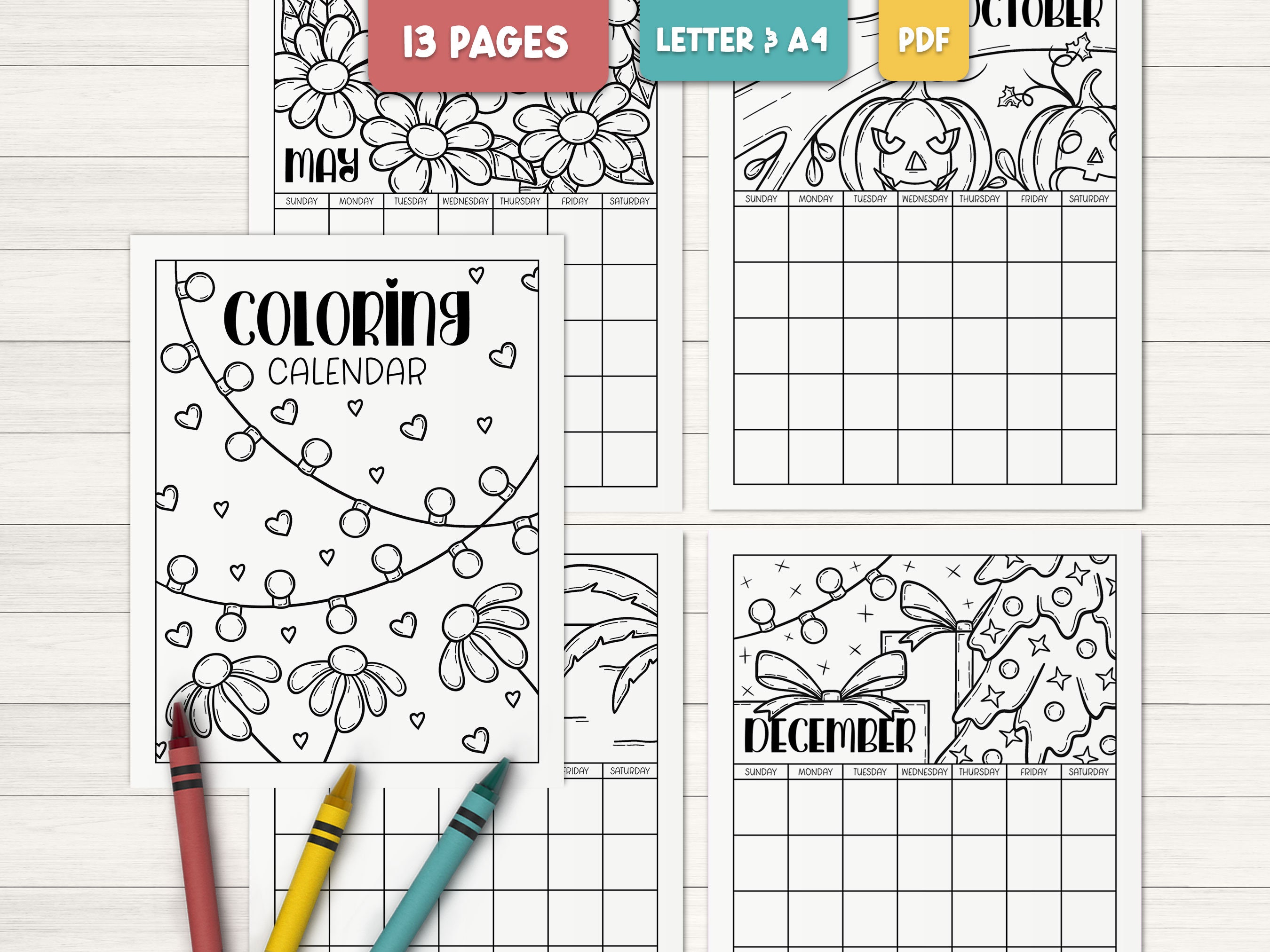 Coloring Calendar for Kids, Undated Monthly Planner Printable, Holiday ...