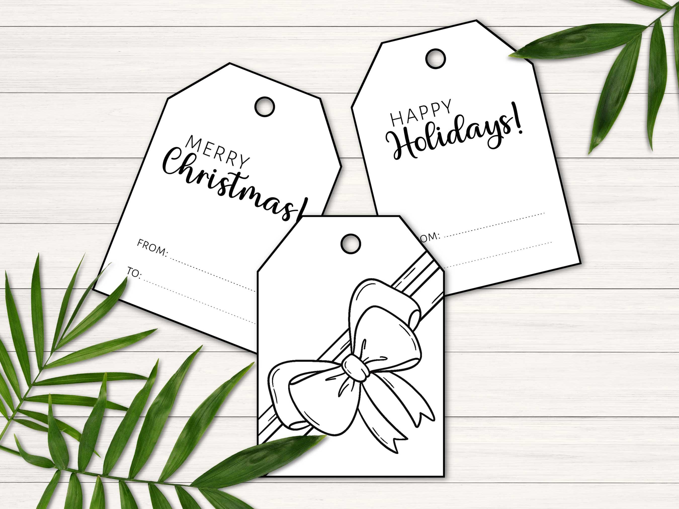 Printable Holiday Gift Tags, Coloring Christmas Gift Tags, Bow Tag ...