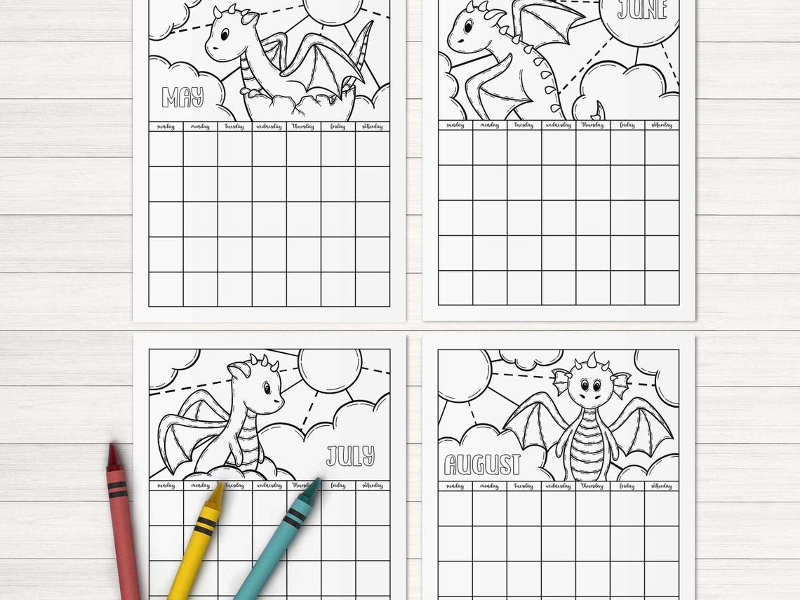 Dragon Coloring Calendar: Undated Monthly Planner (PDF Printable) - Etsy