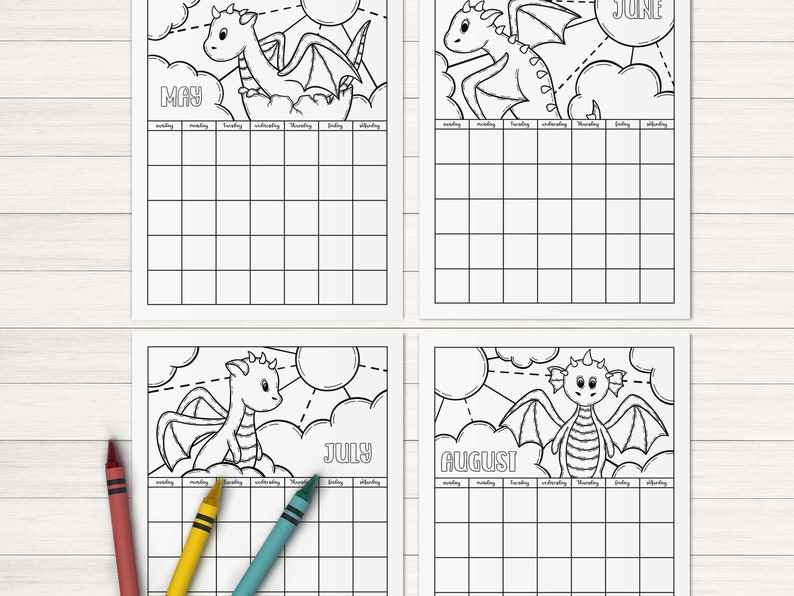 Dragon Coloring Calendar: Undated Monthly Planner (PDF Printable) - Etsy