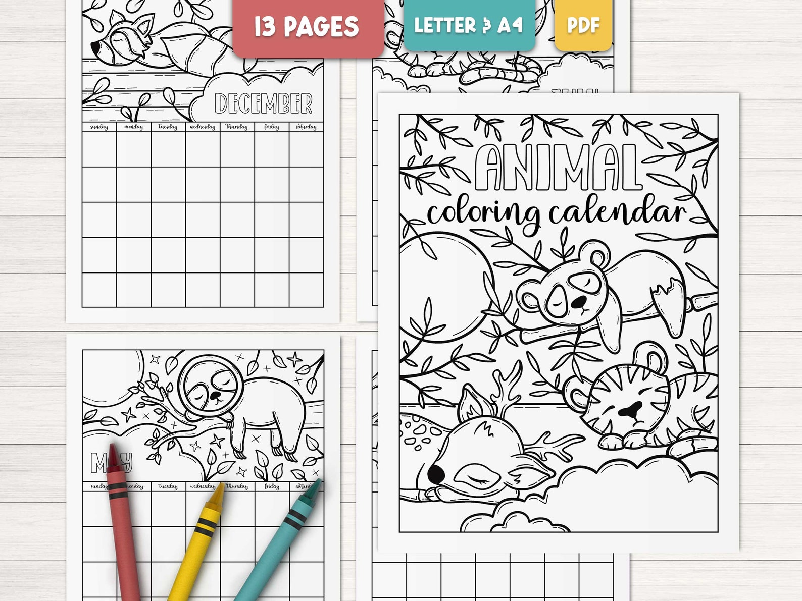 Coloring Calendar for Kids, Undated Calendar Printable, Animal Coloring ...