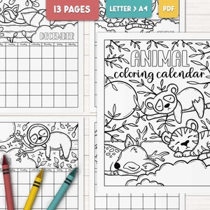 Coloring Calendar for Kids, Undated Calendar Printable, Animal Coloring ...