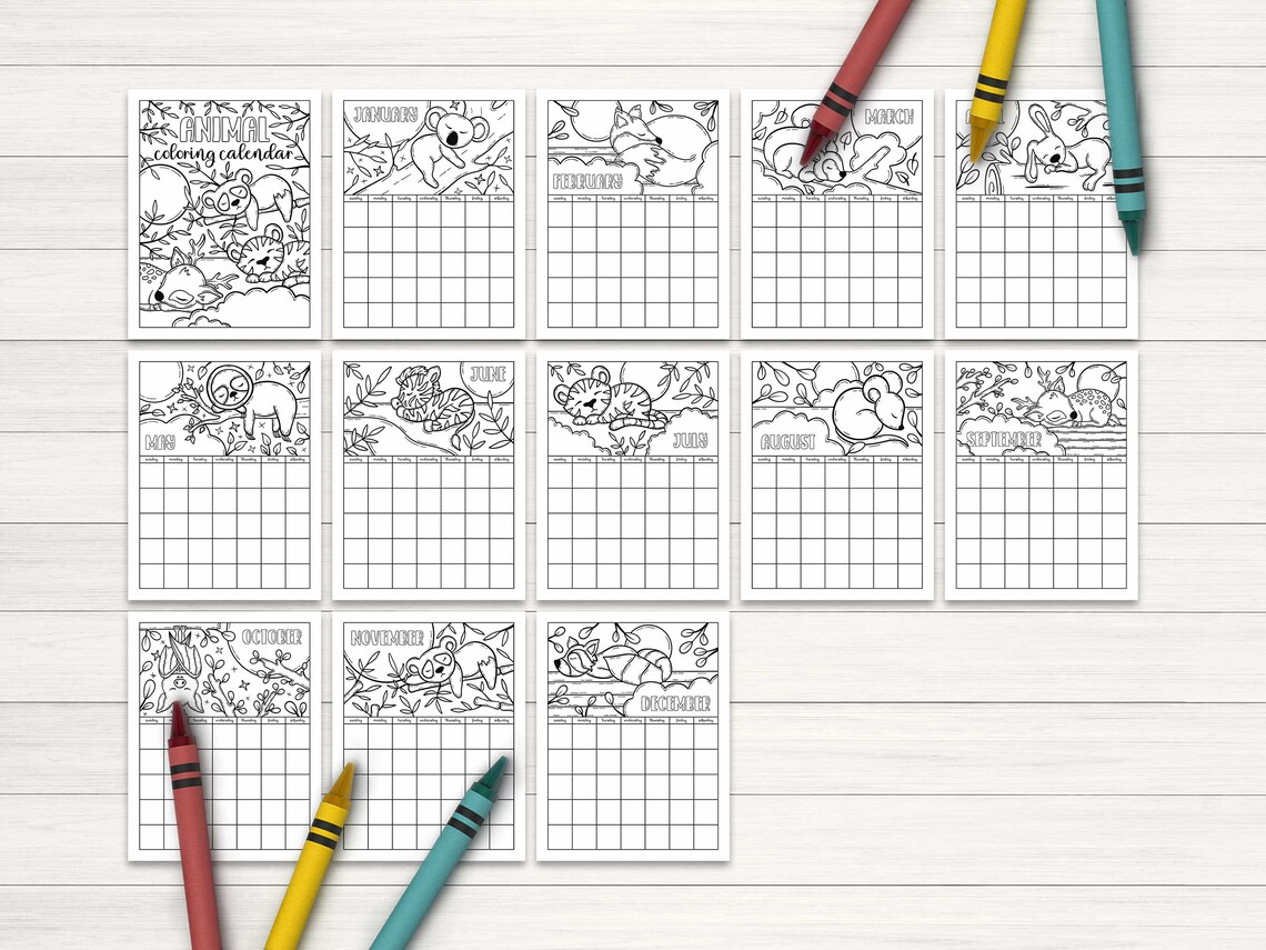 Coloring Calendar for Kids, Undated Calendar Printable, Animal Coloring ...
