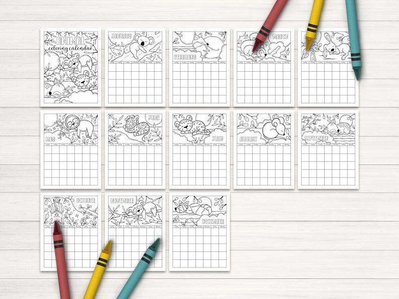 Coloring Calendar for Kids, Undated Calendar Printable, Animal Coloring ...