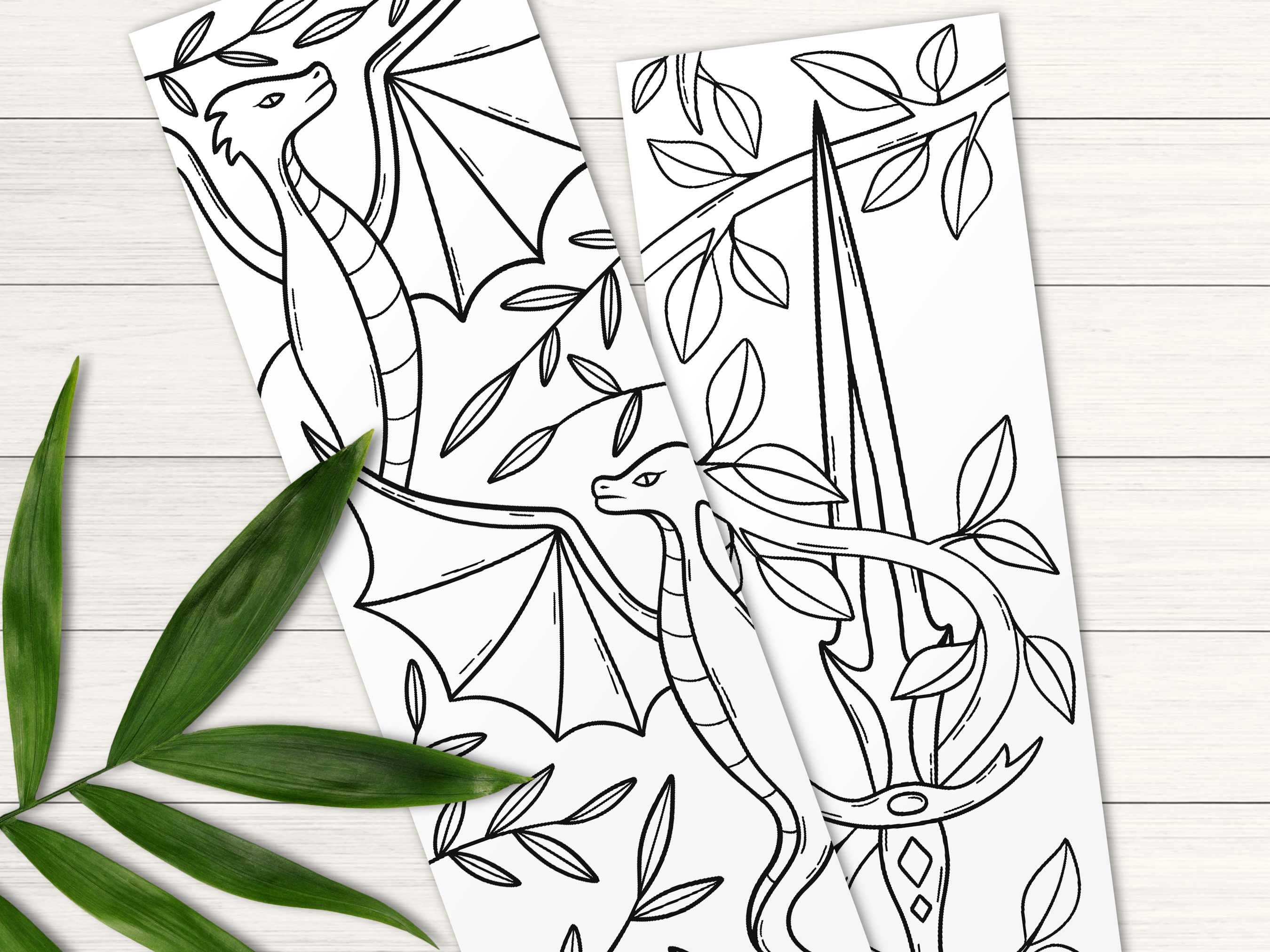 Coloring Bookmarks for Adults, Fantasy Bookmark Printable, Dragon ...