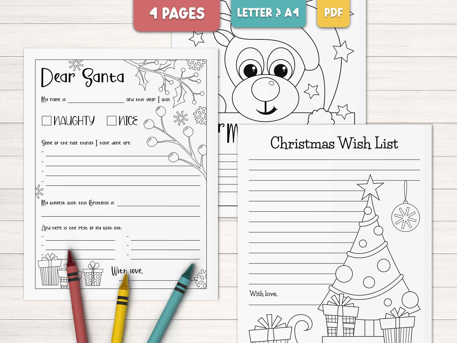 Coloring Letter to Santa for Kids, Christmas Wish List Printable, Dear ...