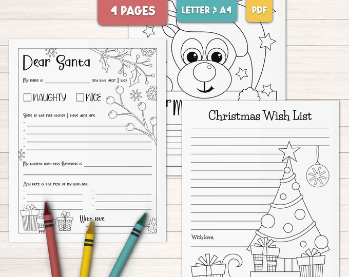 Coloring Letter to Santa for Kids, Christmas Wish List Printable, Dear ...