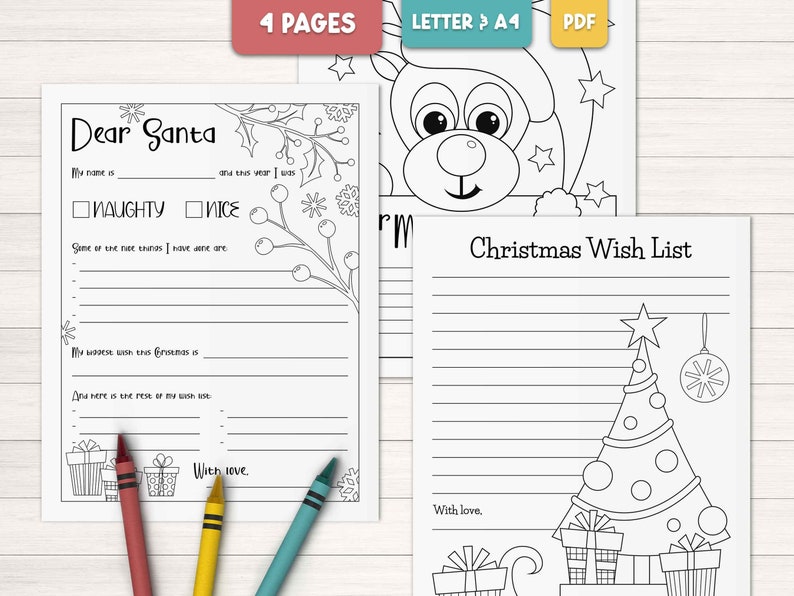 Coloring Letter to Santa for Kids, Christmas Wish List Printable, Dear ...